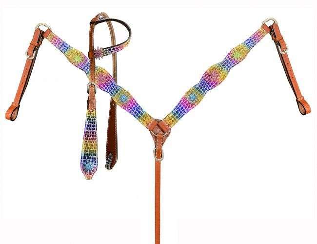 Rainbow Gator Print One Ear Headstall and Breast Collar set